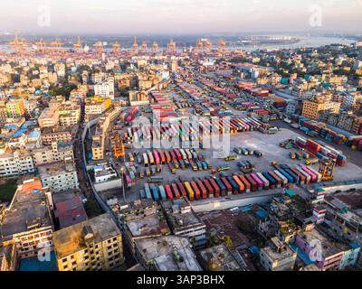 Aerial view of chattogram port with containers and elevated expressway ...