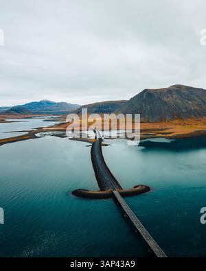 Aerial drone view of Viking Bridge, sword shaped bridge on the ...