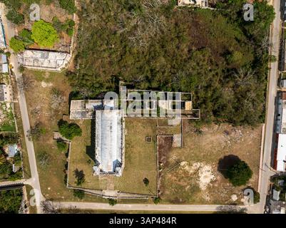 Aerial view of Mayan church, San Juan Bautista church, Yaxcaba, Yucatan ...