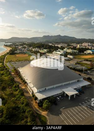 Aerial view of Seikinomori Beach with a beautiful cityscape featuring a ...