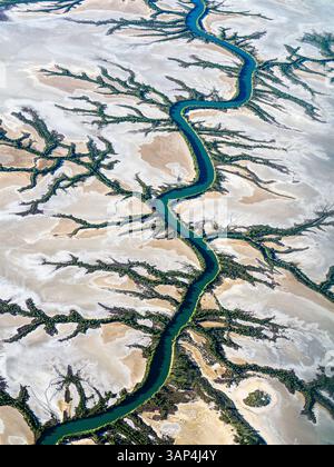 Aerial view of abstract wetlands with meandering river and beautiful ...