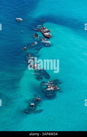 Aerial view of tangalooma wrecks and serene blue ocean, Moreton Island ...