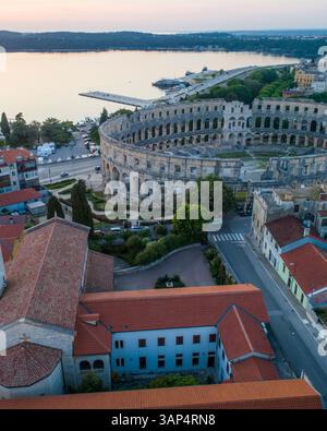 Aerial view of Pula arena and amphitheater in Pula old town, Croatia ...