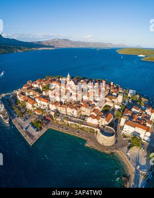 Aerial drone view of Korcula old town, Dalmatia, Croatia Stock Photo ...
