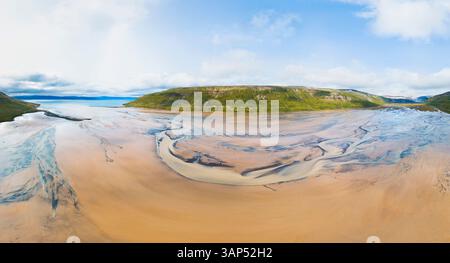 Aerial view of sandbanks in the fjord Kaldalon where water from the ...