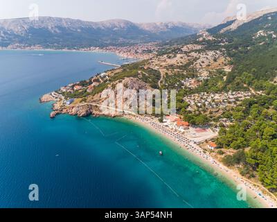 Aerial view of Mali raj naturist beach shore in Baska, Krk island ...