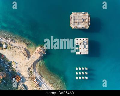 Aerial view of concrete platforms at the construction of future LNG ...