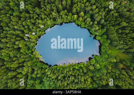 Aerial view of tiny round ice age lake in the middle of the Autumn ...