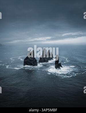 Aerial View of Reynisdrangar Sea Stacks and Black Sand Beach in Iceland ...