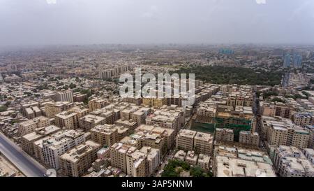 Aerial view of lyari expressway with urban skyline and busy traffic ...