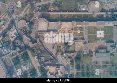 Aerial view of Badshahi Masjid and Lahore Fort in the historic old city ...