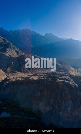 Aerial view of serene Machlu Valley with beautiful fall colors and snow ...