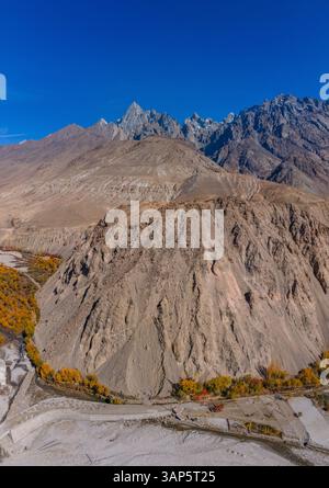 Aerial view of serene Machlu Valley with majestic mountains and a river ...