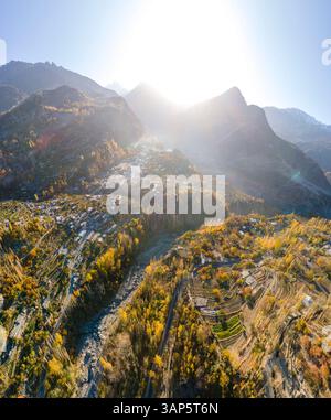 Aerial view of Hunza Valley with terrace farming, rock formations, and ...