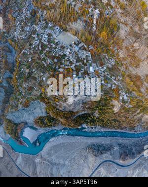 Aerial view of picturesque Hunza Valley with village homes and terrace ...