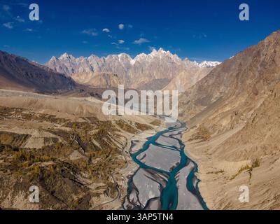Aerial view of majestic Hunza Valley at sunset, Gilgit-Baltistan ...
