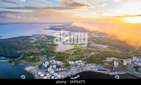 Aerial view of karlshamn citadel at sunset with industrial harbour ...