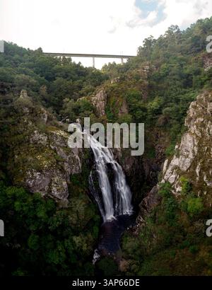 Aerial view of Do Toxa waterfall over Toxa river in Quintás, Pontevedra ...