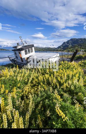 Fishing boat on Lago General Carrera near Puerto Rio Tranquilo, Chile ...