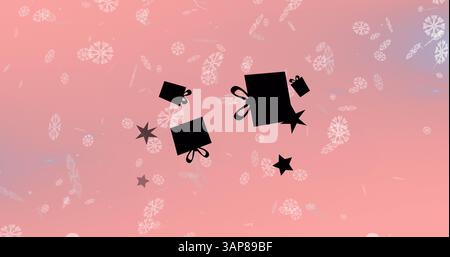 Image of presents and snow falling over winter landscape Stock Photo ...