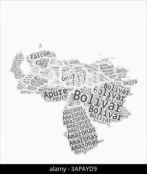 Venezuela regions map word cloud. Venezuela region names. Black and ...