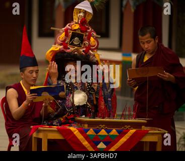 A Tibetan Lama, a Buddhist priest from the Pemianchi region, practices ...
