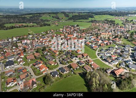 Aerial photo of the city of Scheidegg in the western Allgaeu in Bavaria ...