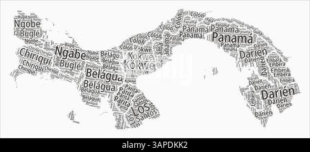 Panama regions map word cloud. Panama region names. Black and white map ...