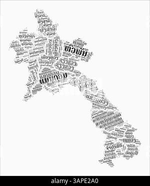 Laos regions map word cloud. Laos region names. Black and white map ...