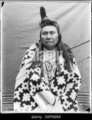 This photograph by Lee Moorhouse features a Nez Perce Indian wearing a war bonnet, captured in ...