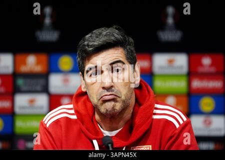 Lyon manager Paulo Fonseca during a press conference at Old Trafford ...