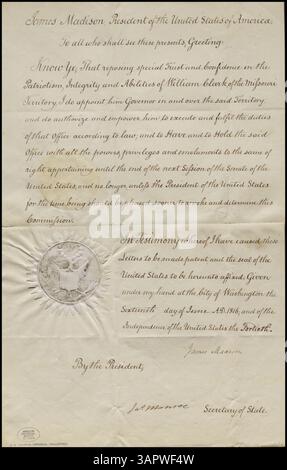 Signed by James Madison, president, and James Monroe, secretary of ...