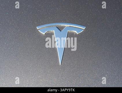 Tesla Emblem Displayed on Gray Electric Vehicle Stock Photo - Alamy