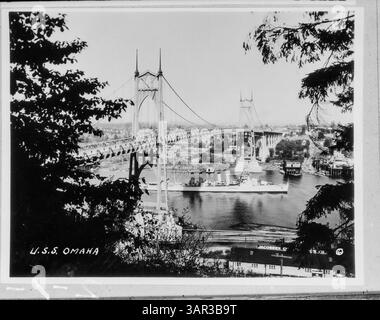 U. S. S. Portland passing under St. John's Bridge, Portland, Oregon ...