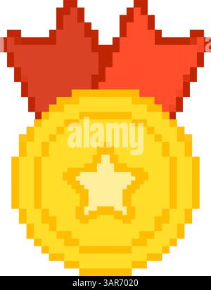 Gold Medal With Red Ribbon Pixelated Icon. Pixel Art Symbol Of Award ...