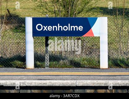 Station sign. Oxenholme Rail Station, West Coast Main Line, Cumbria ...