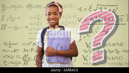 Image of mathematical equations and question mark over caucasian female ...