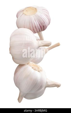 Side view of fives white garlic bulbs in stack is isolated on white ...