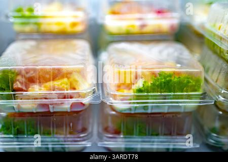 Pre-packaged meals displayed in a commercial refrigerator Stock Photo ...