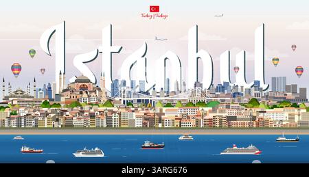 Istanbul City Name (Turkey, Europe) with black white city map ...