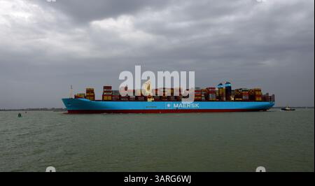 Container Ship "Marie Maersk" leaving the port of Felixstowe dark sky ...