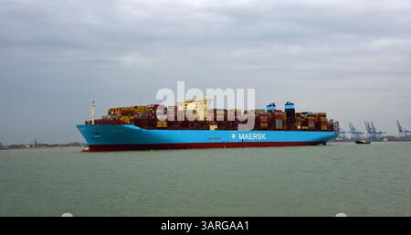 Container Ship "Marie Maersk" leaving the port of Felixstowe dark sky ...