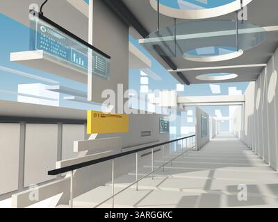 Futuristic Sci-Fi Hallway Interior with Computer and Monitor Screen on ...