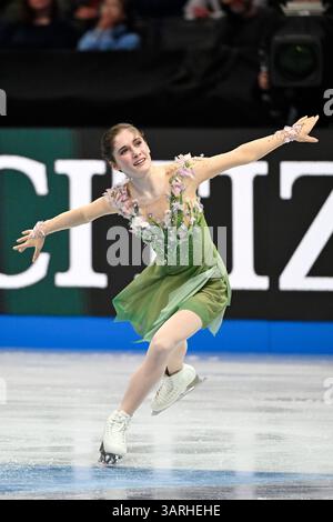 United States' Isabeau Levito skates during practice at the Skate ...
