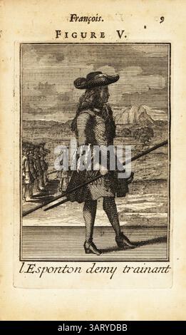 French officer holding a spontoon at an angle. In plumed tricorn ...