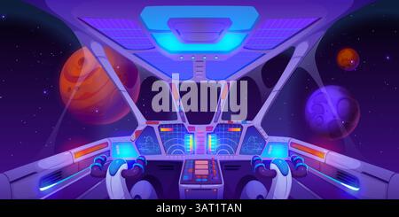 Futuristic spaceship cockpit interior with pilot control panel, windows with cosmos outside ...