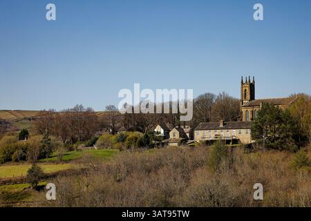 The tower of Tintwistle church overlooks the Etherow Valley, Hadfield ...