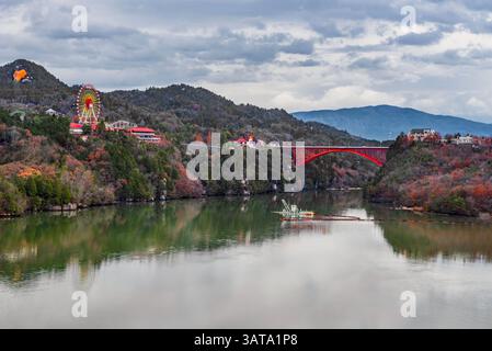 View across the Kiso River and Enakyo river valley of Enakyo Wonderland ...