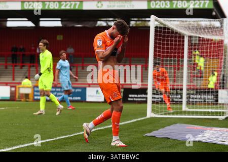 Tom Bloxham of Blackpool reacts to a missed chance during the Sky Bet ...