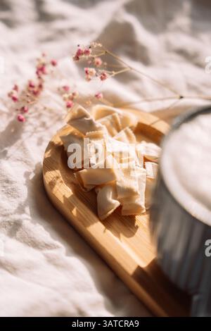 A pile of white of snus pads for breakfast with coffee. Swedish ...